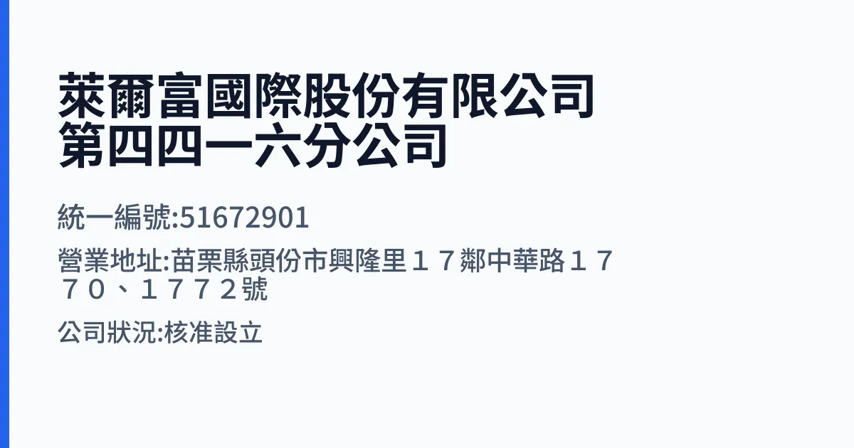 萊爾富國際股份有限公司第四四一六分公司 - 統編 51672901(苗栗縣) 公司登記資料與營業項目詳細圖表
