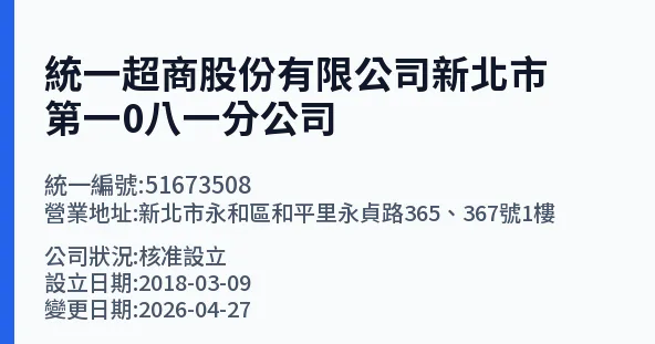 統一超商股份有限公司新北市第一0八一分公司的照片-統編 51673508(新北市) 公司登記資料與營業項目詳細圖表