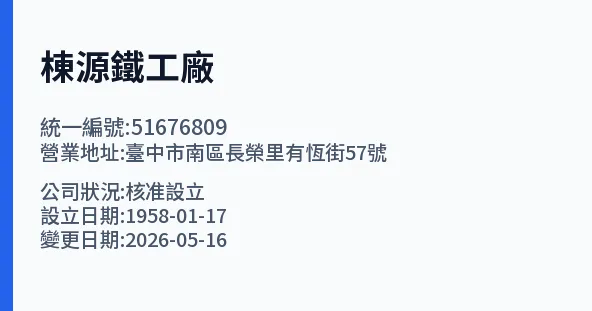 棟源鐵工廠的照片-統編 51676809(臺中市) 公司登記資料與營業項目詳細圖表