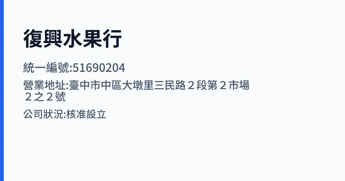 復興水果行 - 統編 51690204(臺中市) 公司登記資料與營業項目詳細圖表