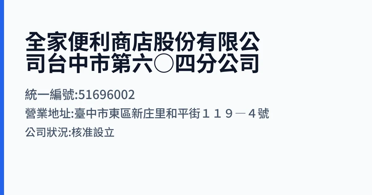 全家便利商店股份有限公司台中市第六○四分公司 - 統編 51696002(臺中市) 公司登記資料與營業項目詳細圖表