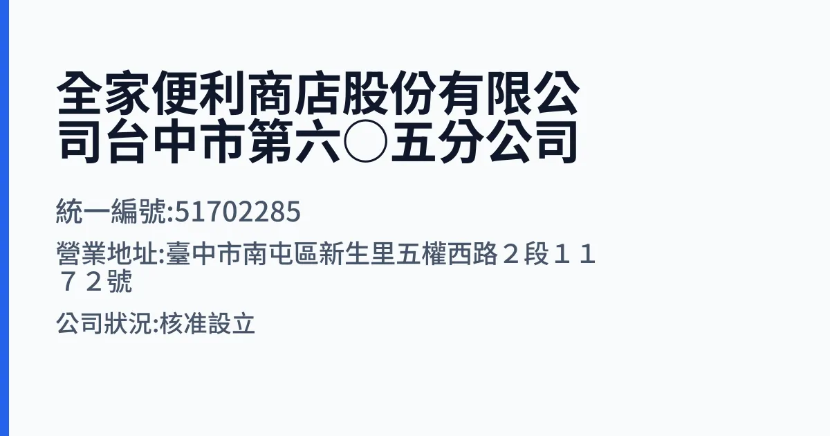 全家便利商店股份有限公司台中市第六○五分公司 - 統編 51702285(臺中市) 公司登記資料與營業項目詳細圖表