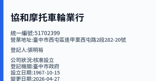 協和摩托車輪業行的照片-統編 51702399(臺中市) 公司登記資料與營業項目詳細圖表