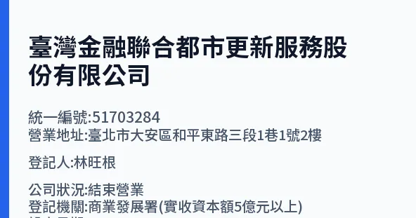 臺灣金融聯合都市更新服務股份有限公司的照片-統編 51703284(臺北市) 公司登記資料與營業項目詳細圖表