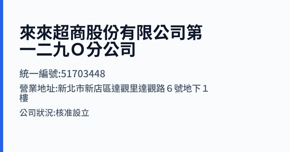 來來超商股份有限公司第一二九Ｏ分公司 - 統編 51703448（新北市） 公司登記資料與營業項目詳細圖表