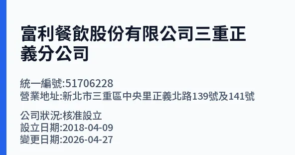 富利餐飲股份有限公司三重正義分公司的照片-統編 51706228(新北市) 公司登記資料與營業項目詳細圖表