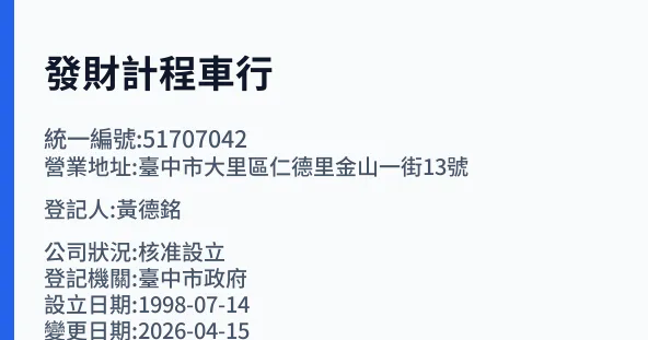 發財計程車行的照片-統編 51707042(臺中市) 公司登記資料與營業項目詳細圖表