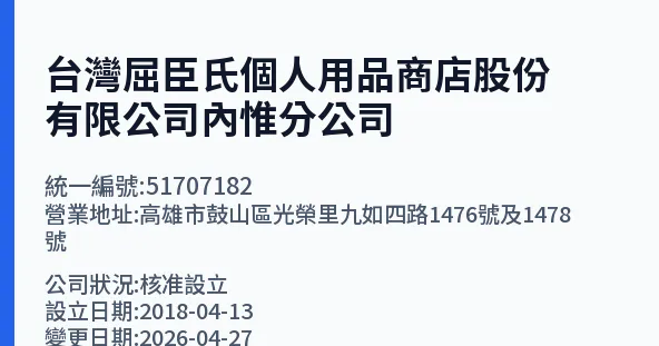 台灣屈臣氏個人用品商店股份有限公司內惟分公司的照片-統編 51707182(高雄市) 公司登記資料與營業項目詳細圖表