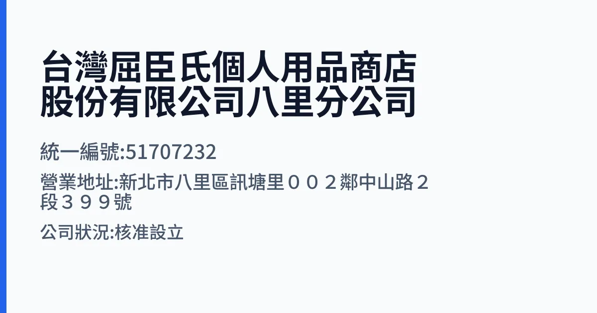 台灣屈臣氏個人用品商店股份有限公司八里分公司 - 統編 51707232(新北市) 公司登記資料與營業項目詳細圖表