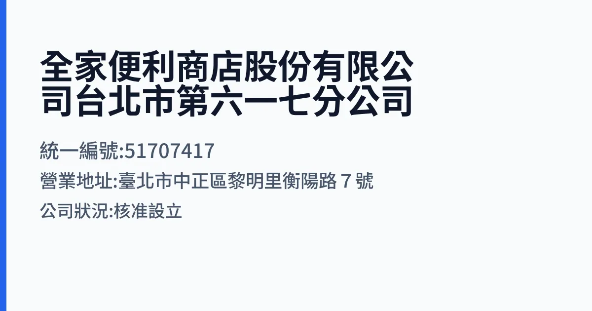 全家便利商店股份有限公司台北市第六一七分公司 - 統編 51707417(臺北市) 公司登記資料與營業項目詳細圖表