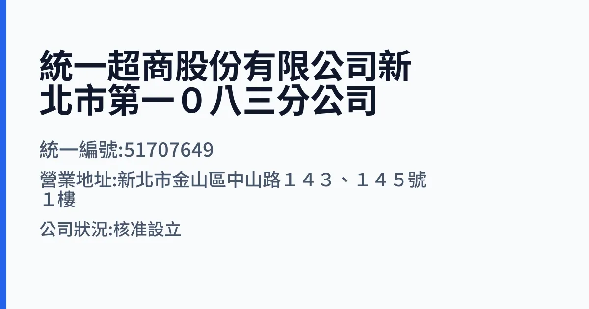 統一超商股份有限公司新北市第一０八三分公司 - 統編 51707649(新北市) 公司登記資料與營業項目詳細圖表