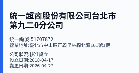 統一超商股份有限公司台北市第九二0分公司的照片-統編 51707872(臺北市) 公司登記資料與營業項目詳細圖表
