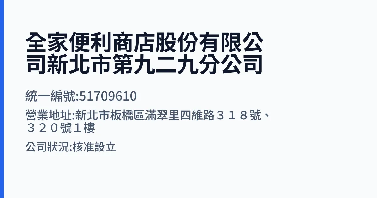 全家便利商店股份有限公司新北市第九二九分公司 - 統編 51709610(新北市) 公司登記資料與營業項目詳細圖表