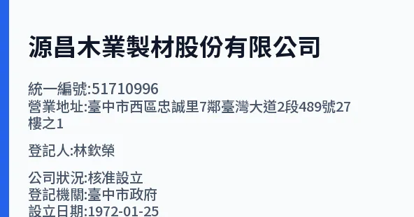 源昌木業製材股份有限公司的照片-統編 51710996(臺中市) 公司登記資料與營業項目詳細圖表