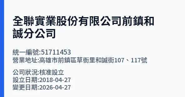 全聯實業股份有限公司前鎮和誠分公司的照片-統編 51711453(高雄市) 公司登記資料與營業項目詳細圖表