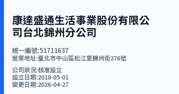 康達盛通生活事業股份有限公司台北錦州分公司的照片-統編 51711637(臺北市) 公司登記資料與營業項目詳細圖表
