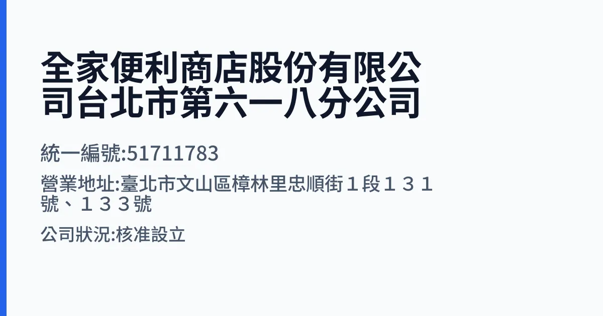 全家便利商店股份有限公司台北市第六一八分公司 - 統編 51711783(臺北市) 公司登記資料與營業項目詳細圖表