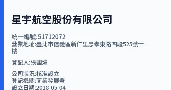 星宇航空股份有限公司的照片-統編 51712072(臺北市) 公司登記資料與營業項目詳細圖表