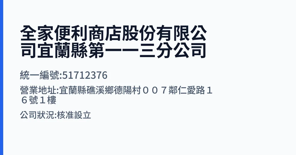 全家便利商店股份有限公司宜蘭縣第一一三分公司 - 統編 51712376(宜蘭縣) 公司登記資料與營業項目詳細圖表