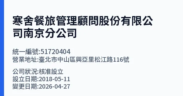 寒舍餐旅管理顧問股份有限公司南京分公司的照片-統編 51720404(臺北市) 公司登記資料與營業項目詳細圖表