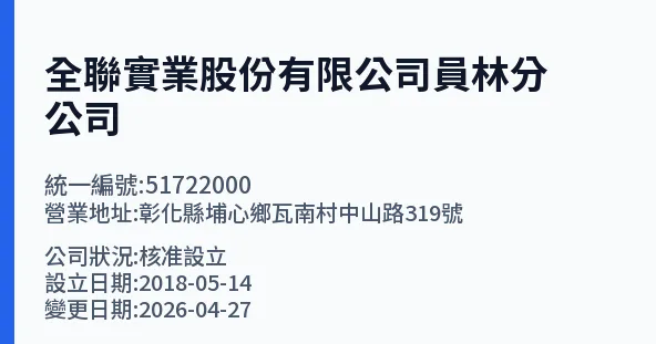 全聯實業股份有限公司員林分公司的照片-統編 51722000(彰化縣) 公司登記資料與營業項目詳細圖表