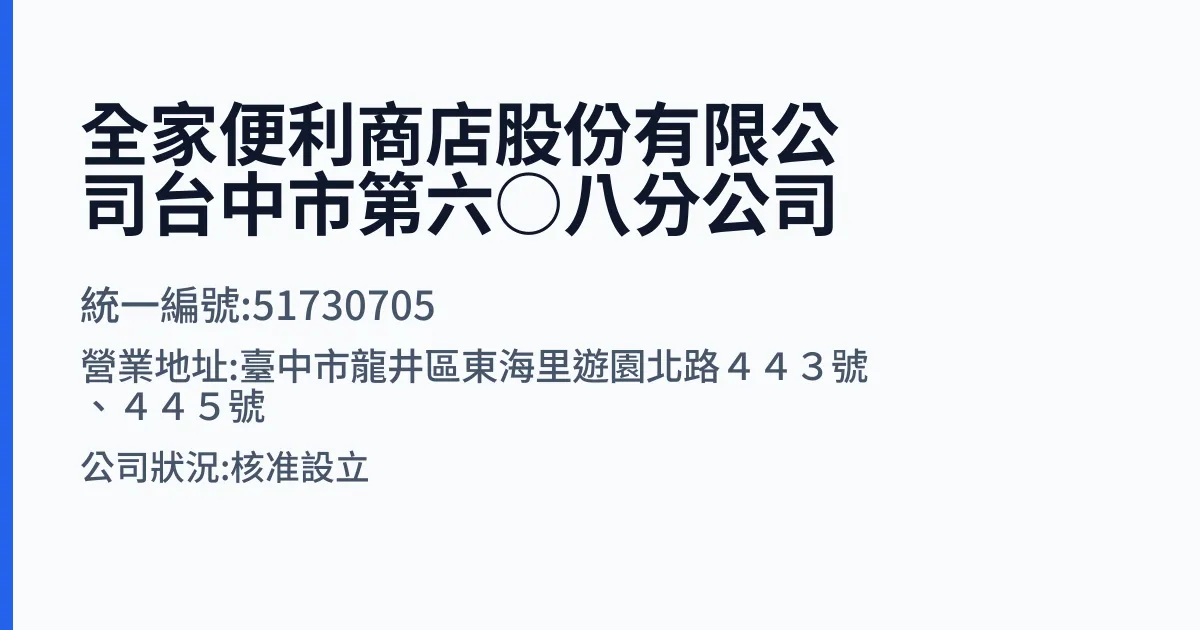 全家便利商店股份有限公司台中市第六○八分公司 - 統編 51730705(臺中市) 公司登記資料與營業項目詳細圖表
