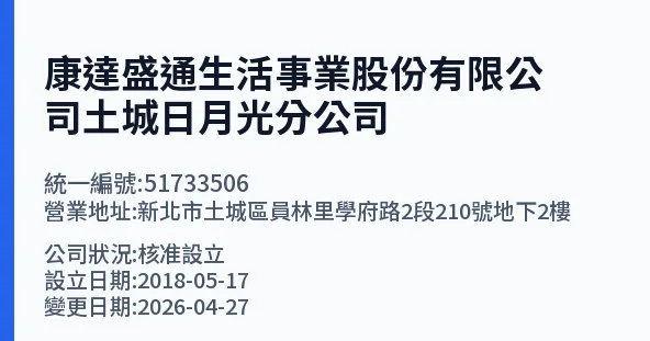康達盛通生活事業股份有限公司土城日月光分公司的照片-統編 51733506(新北市) 公司登記資料與營業項目詳細圖表