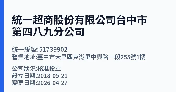 統一超商股份有限公司台中市第四八九分公司的照片-統編 51739902(臺中市) 公司登記資料與營業項目詳細圖表