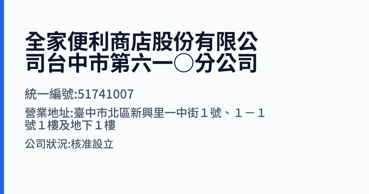 全家便利商店股份有限公司台中市第六一○分公司 - 統編 51741007(臺中市) 公司登記資料與營業項目詳細圖表