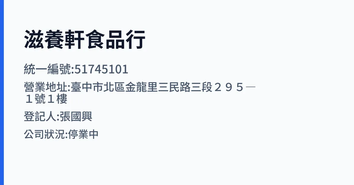 滋養軒食品行 - 統編 51745101(臺中市) 公司登記資料與營業項目詳細圖表