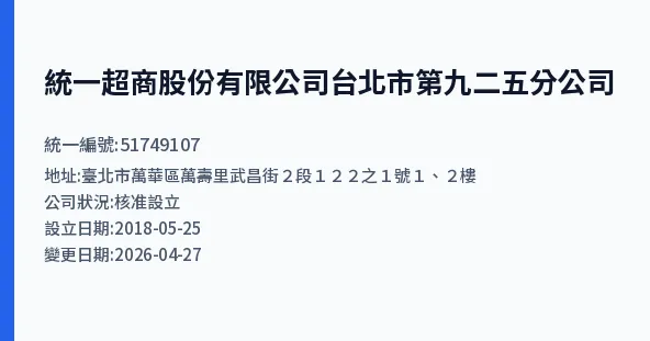 統一超商股份有限公司台北市第九二五分公司的照片-統編 51749107(臺北市) 公司登記資料與營業項目詳細圖表