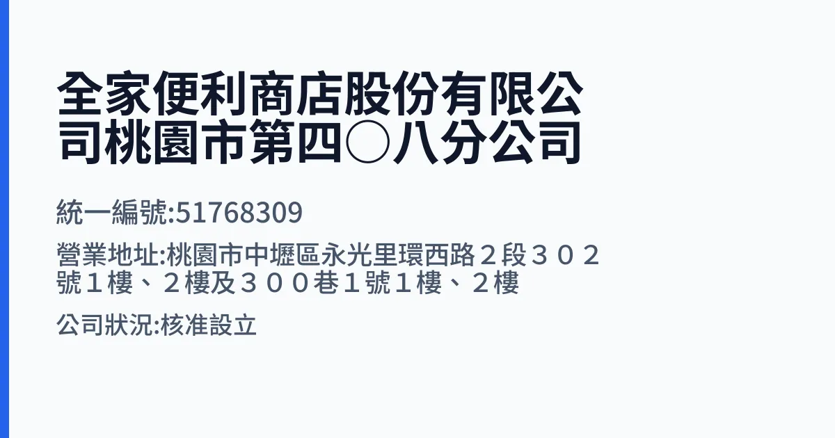 全家便利商店股份有限公司桃園市第四○八分公司 - 統編 51768309(桃園市) 公司登記資料與營業項目詳細圖表