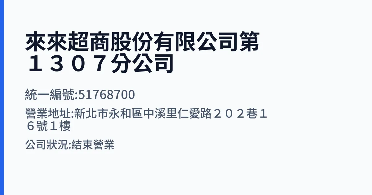 來來超商股份有限公司第１３０７分公司 - 統編 51768700(新北市) 公司登記資料與營業項目詳細圖表