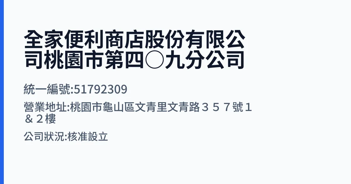 全家便利商店股份有限公司桃園市第四○九分公司 - 統編 51792309(桃園市) 公司登記資料與營業項目詳細圖表