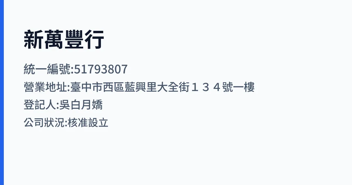 新萬豐行 - 統編 51793807（臺中市） 公司登記資料與營業項目詳細圖表