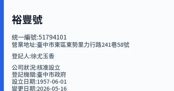 裕豐號的照片-統編 51794101(臺中市) 公司登記資料與營業項目詳細圖表