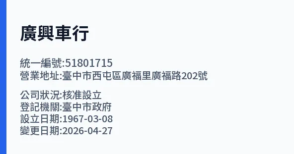 廣興車行的照片-統編 51801715(臺中市) 公司登記資料與營業項目詳細圖表