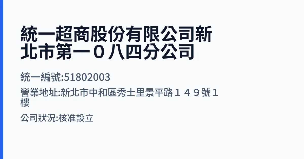 統一超商股份有限公司新北市第一０八四分公司 - 統編 51802003(新北市) 公司登記資料與營業項目詳細圖表