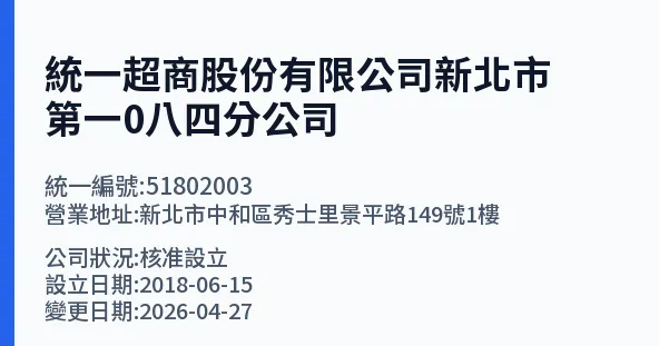 統一超商股份有限公司新北市第一0八四分公司的照片-統編 51802003(新北市) 公司登記資料與營業項目詳細圖表