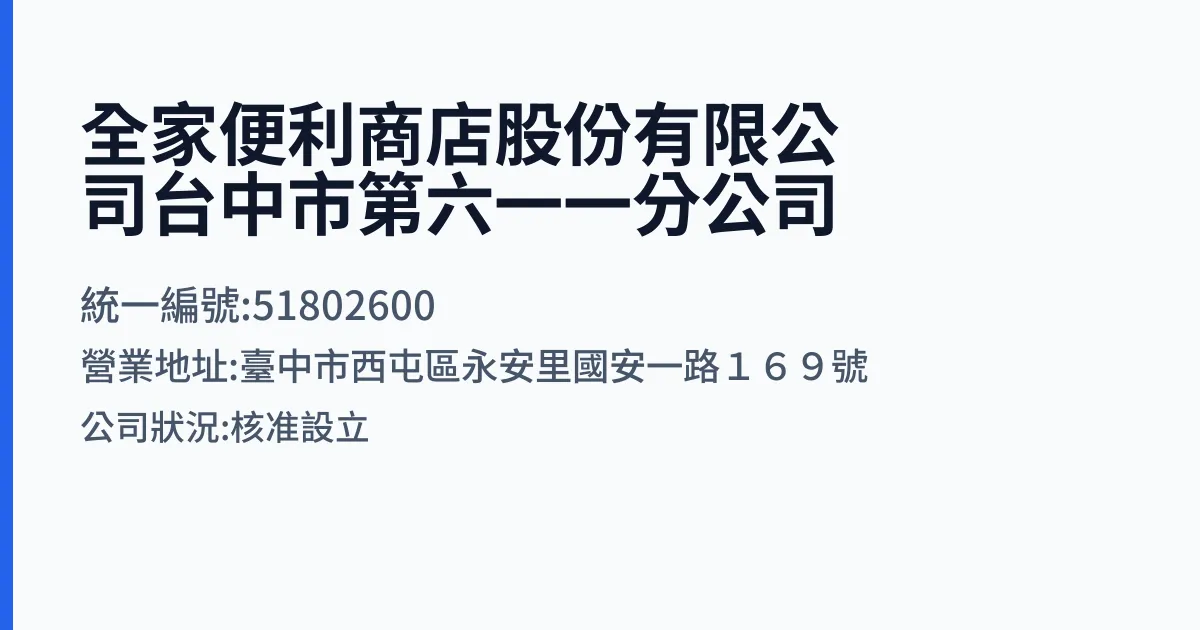 全家便利商店股份有限公司台中市第六一一分公司 - 統編 51802600(臺中市) 公司登記資料與營業項目詳細圖表