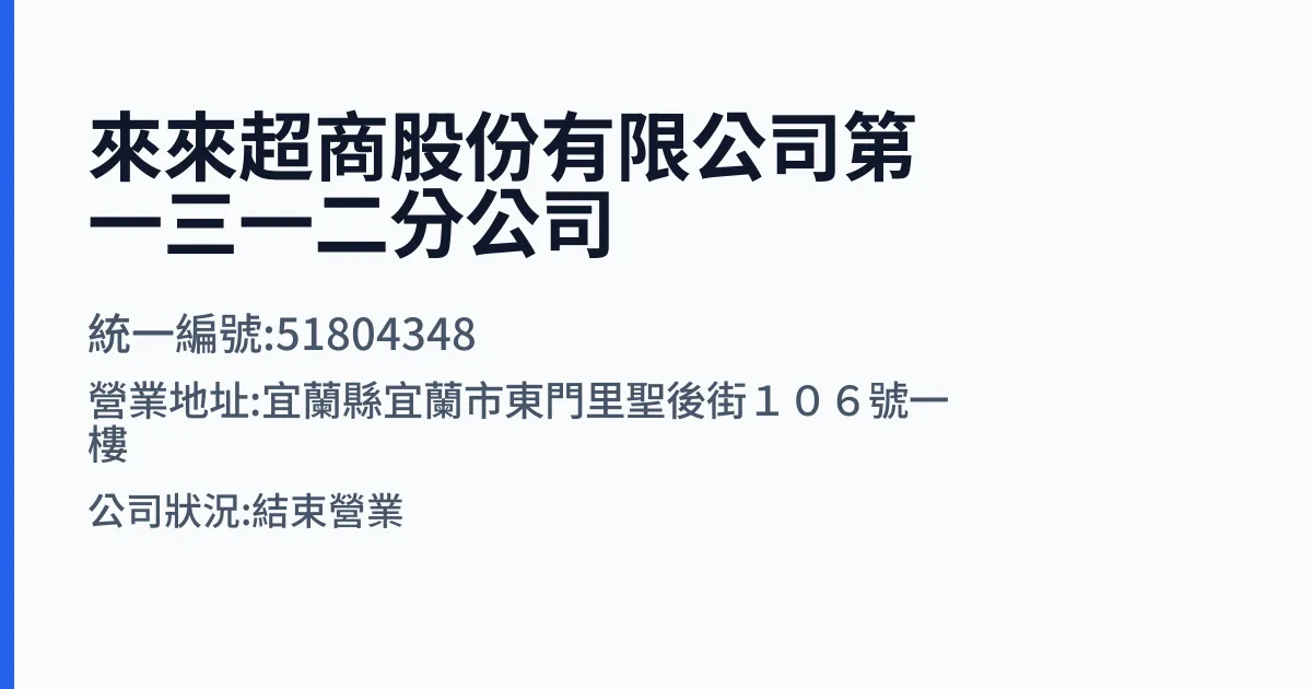 來來超商股份有限公司第一三一二分公司 - 統編 51804348(宜蘭縣) 公司登記資料與營業項目詳細圖表
