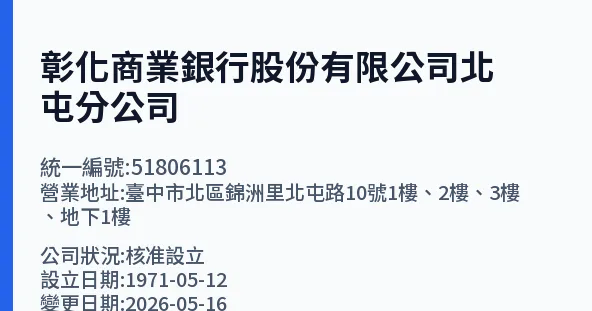 彰化商業銀行股份有限公司北屯分公司的照片-統編 51806113(臺中市) 公司登記資料與營業項目詳細圖表