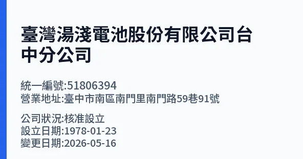 臺灣湯淺電池股份有限公司台中分公司的照片-統編 51806394(臺中市) 公司登記資料與營業項目詳細圖表