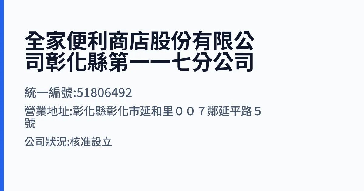 全家便利商店股份有限公司彰化縣第一一七分公司 - 統編 51806492(彰化縣) 公司登記資料與營業項目詳細圖表