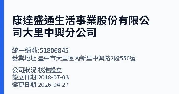 康達盛通生活事業股份有限公司大里中興分公司的照片-統編 51806845(臺中市) 公司登記資料與營業項目詳細圖表