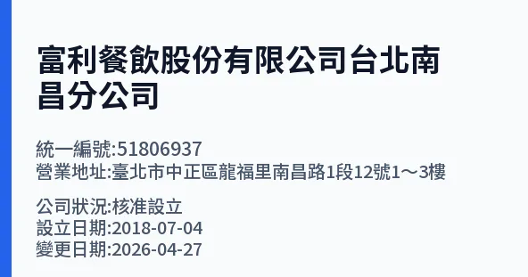 富利餐飲股份有限公司台北南昌分公司的照片-統編 51806937(臺北市) 公司登記資料與營業項目詳細圖表
