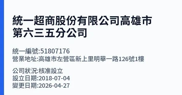 統一超商股份有限公司高雄市第六三五分公司的照片-統編 51807176(高雄市) 公司登記資料與營業項目詳細圖表