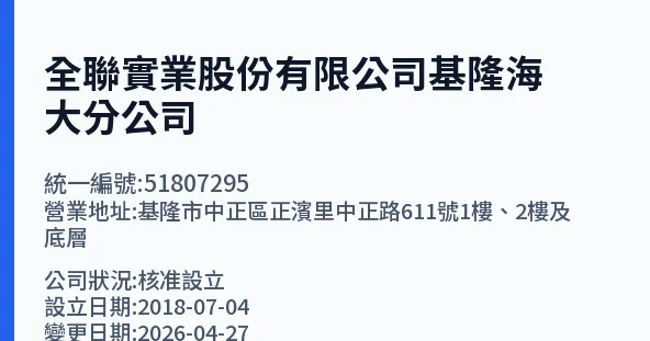 全聯實業股份有限公司基隆海大分公司的照片-統編 51807295(基隆市) 公司登記資料與營業項目詳細圖表