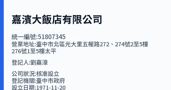 嘉濱大飯店有限公司的照片-統編 51807345(臺中市) 公司登記資料與營業項目詳細圖表