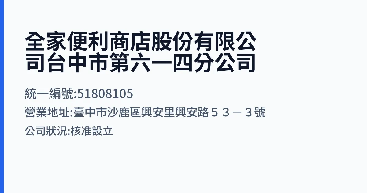 全家便利商店股份有限公司台中市第六一四分公司 - 統編 51808105(臺中市) 公司登記資料與營業項目詳細圖表